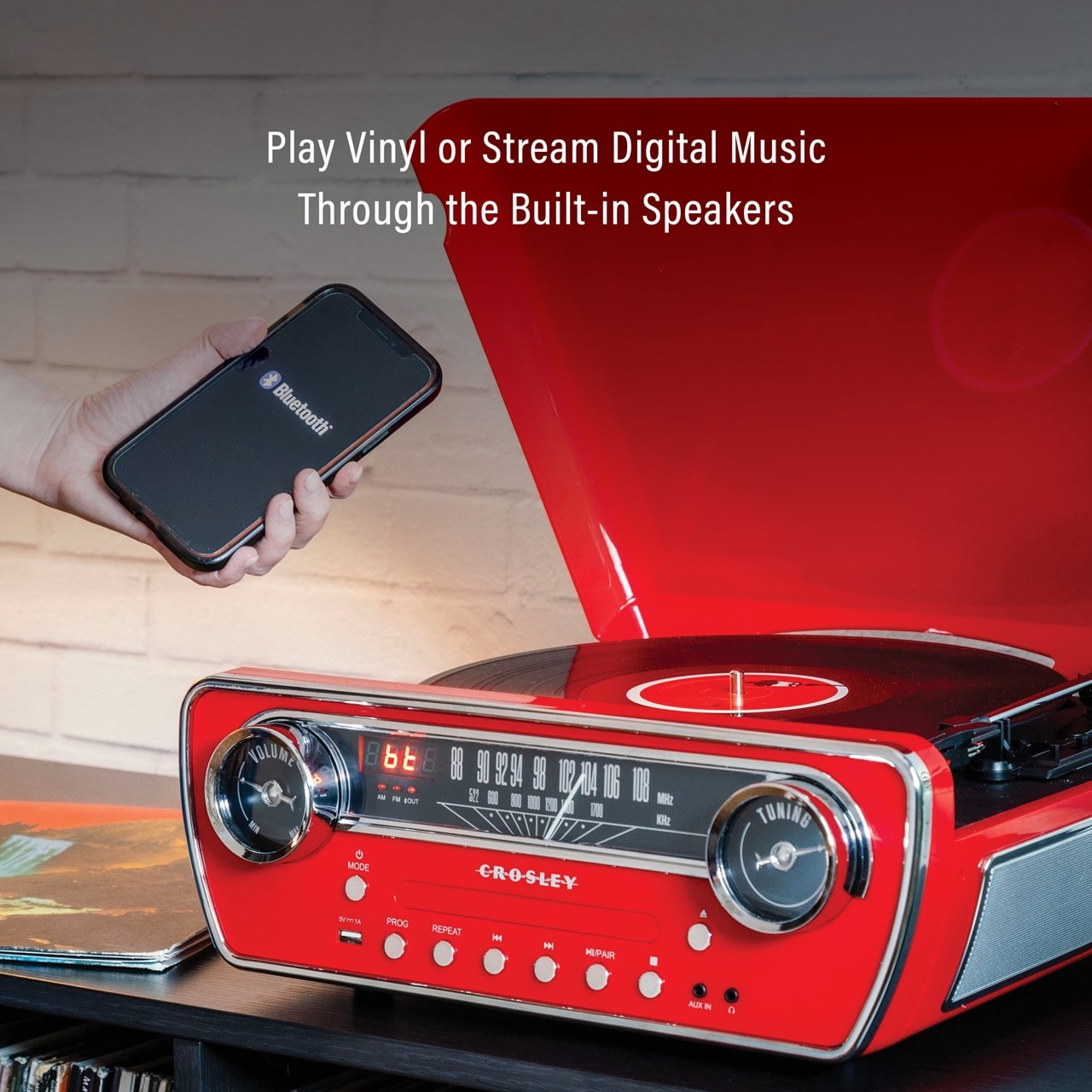 Crosley Powel 7-in-1 Red Bluetooth Turntable with FM Radio and CD ...