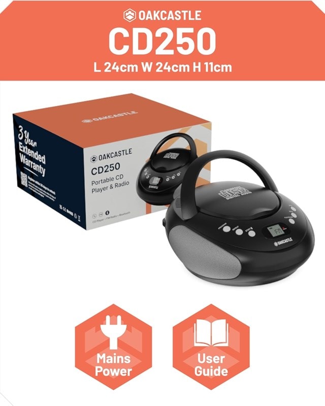 Oakcastle CD250 Black Bluetooth CD Player with FM Radio | HMV Store