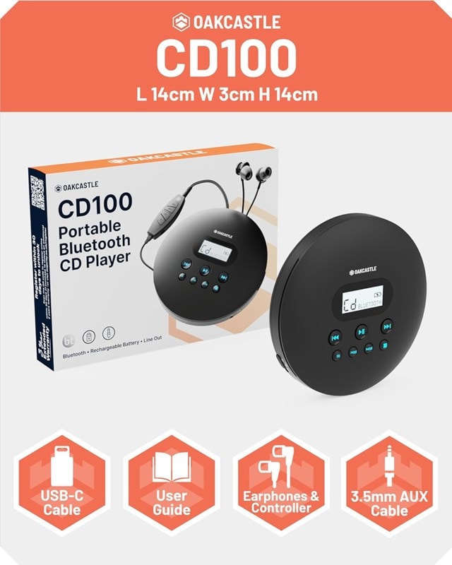 Oakcastle CD100 Black Bluetooth Portable CD Player | HMV Store