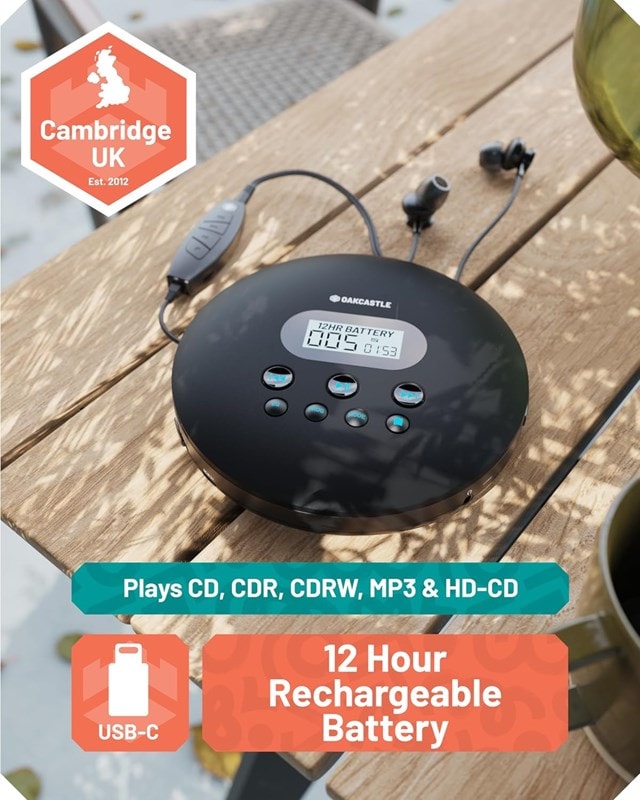 Oakcastle CD100 Black Bluetooth Portable CD Player | HMV Store