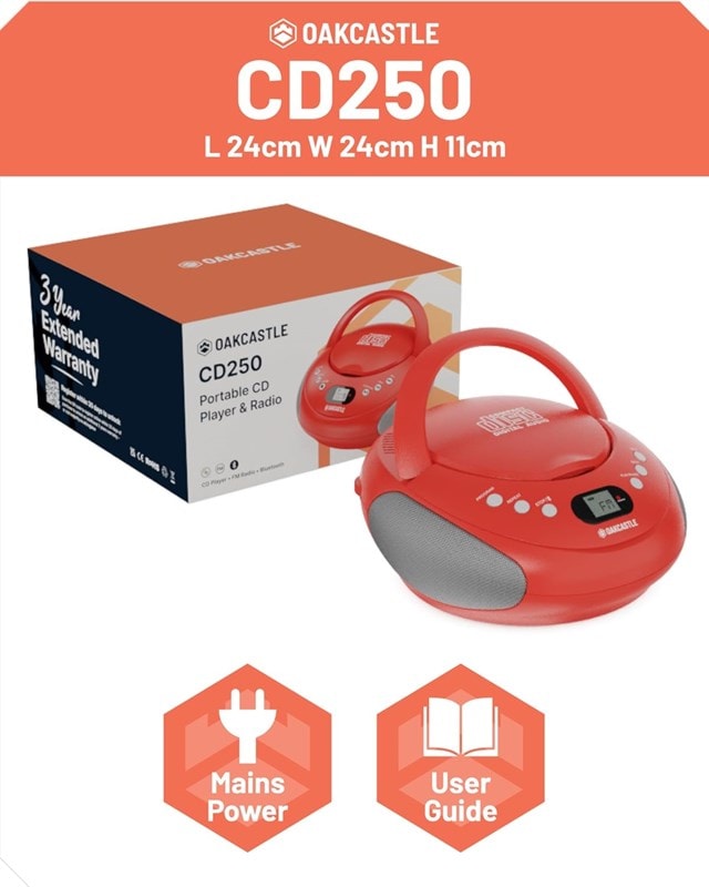 Oakcastle CD250 Red Bluetooth CD Player with FM Radio | HMV Store