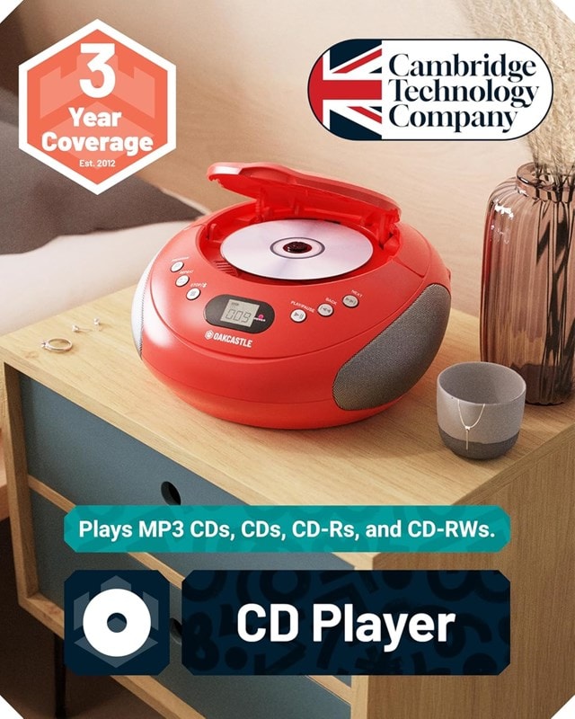 Oakcastle CD250 Red Bluetooth CD Player with FM Radio | HMV Store