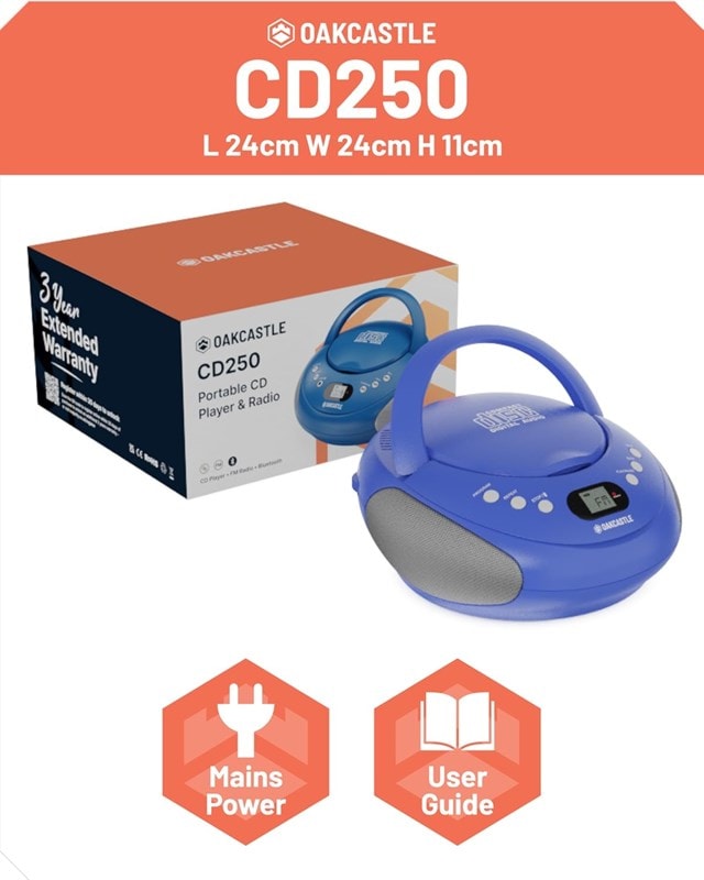 Oakcastle CD250 Blue Bluetooth CD Player with FM Radio | HMV Store