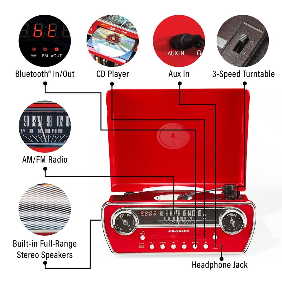Crosley Powel 7-in-1 Red Bluetooth Turntable with FM Radio and CD ...